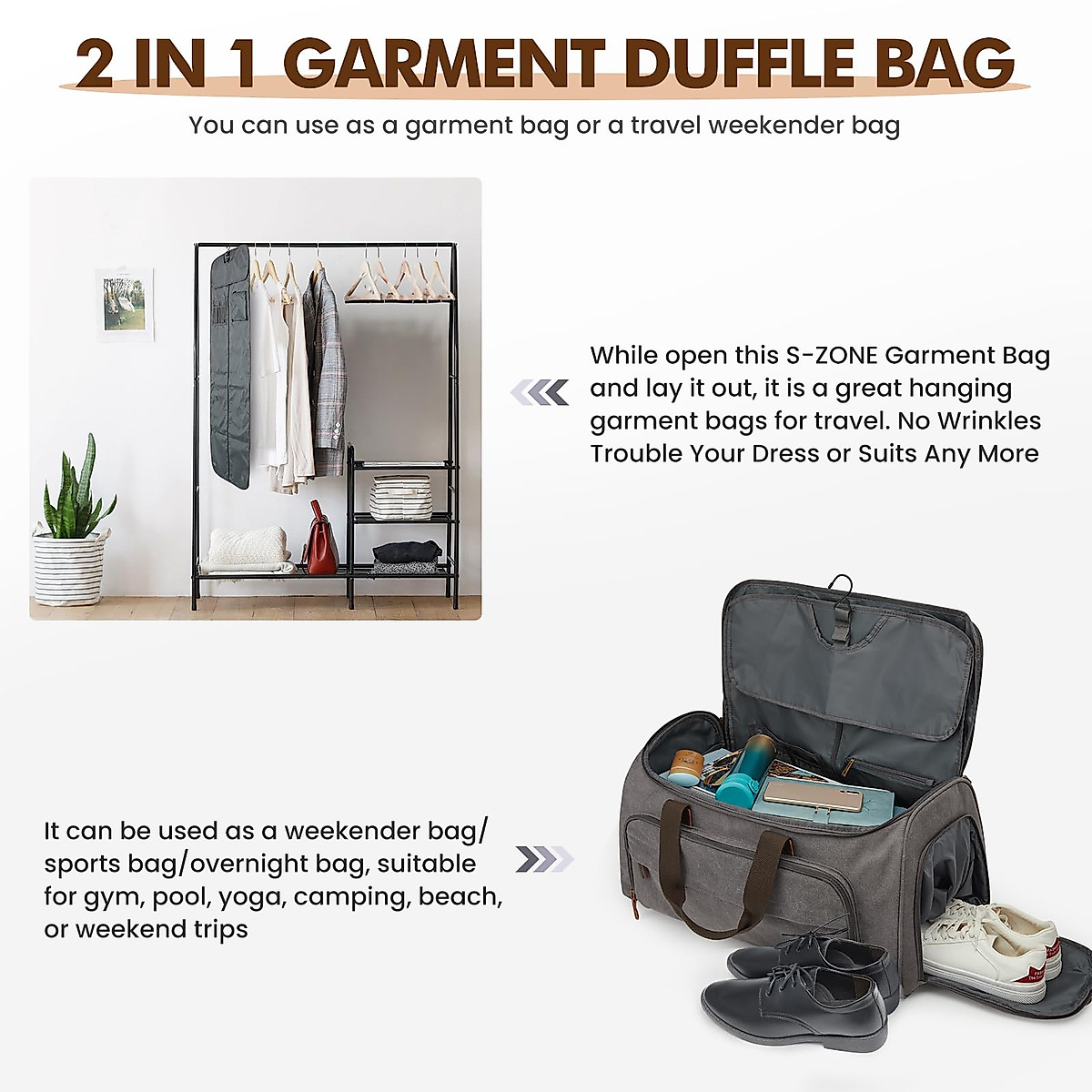 S-ZONE Carry On Garment Bag for Travel Convertible Garment Duffle Bag Suit Bags for Men Women Travel 2 in 1 Hanging Suitcase Business Travel Bag with Toiletry Bag, Gery, 50l