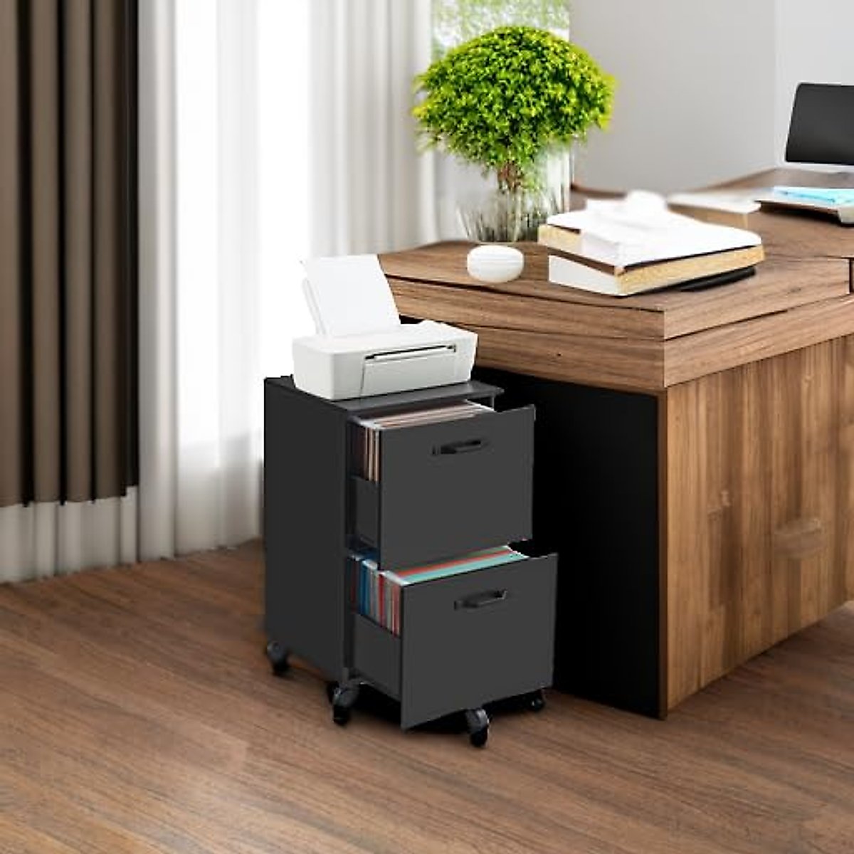 VASAGLE 2-Drawer Rolling File Cabinet, Filing Cabinet for Home Office, Printer Stand, for A4, Letter-Size Files, Hanging File Folders, Industrial, Matte Black UOFC040B16