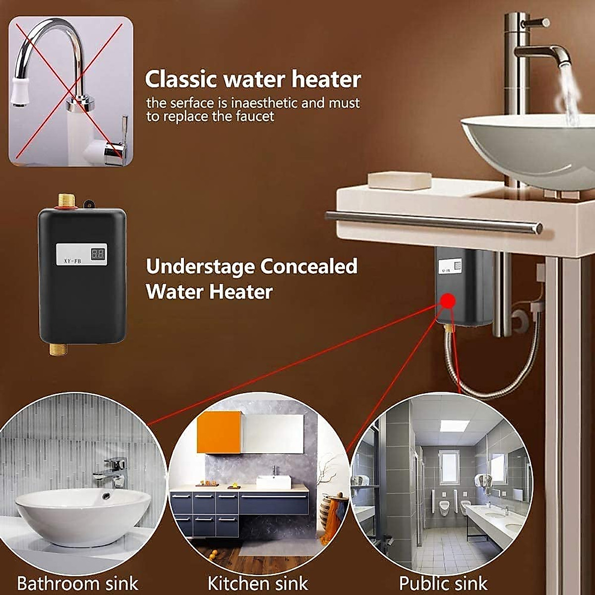 Tankless Water Heater - 3000W Mini Electric Instant Water Heater Under Sink with LCD Display for Home Kitchen Washing US Plug 110V, 7.87 x 4.13inch Wall Mounted (Gold) 30-55℃