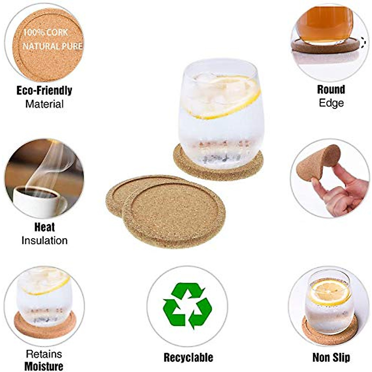 Geobom Natural Lip Cork Coasters for Drinks with Grooved Round Edge Set of 2 Absorbent Heat & Water Resistant Reusable Durable Saucers Bar Glass Cup & Mug Housewarming Gift (2)