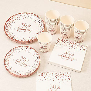Crisky Rose Gold Foil 30 Fabulous Napkins Plates Cups Set for Women 30th Birthday Party Decorations Supplies, Disposable Tableware Set of 24 (9" Plates, 7" Plates, Luncheon Napkins, 9oz Cups)
