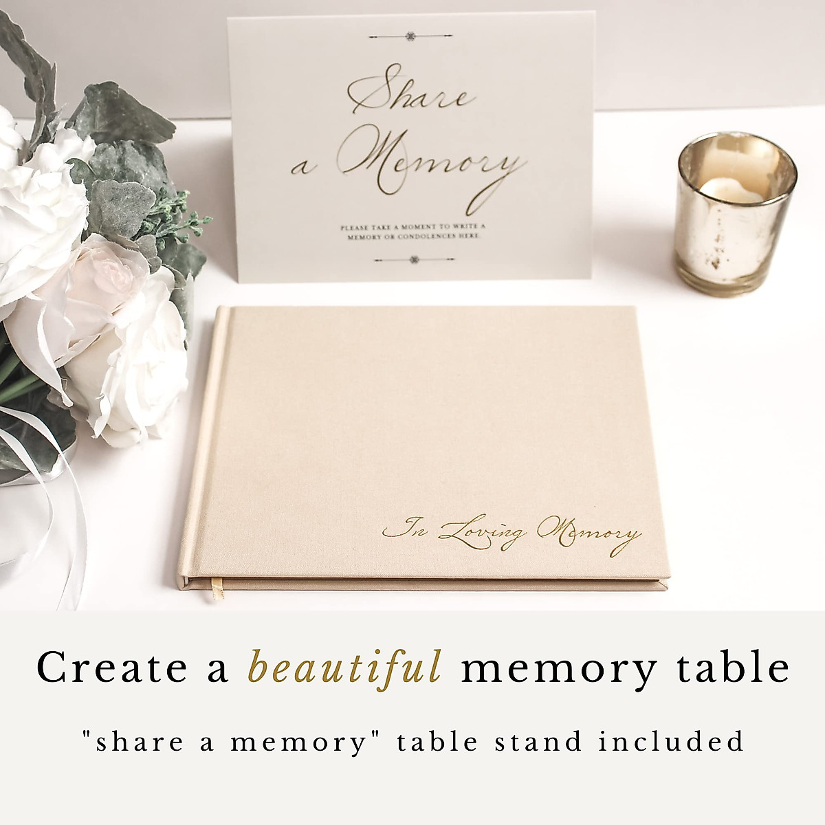 Funeral Guest Book - Elegant in Loving Memory Memorial Service Guest Book for Funeral with Matching Share A Memory Table Stand - 250 Guests Entries with Name & Address, Hardcover (Ivory)