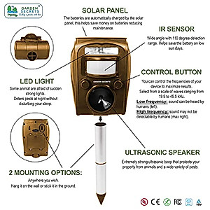 GARDEN SECRETS (2023 Version) Compact Solar Ultrasonic Animal Repellent. Skunk Raccoon Deer Coyote Cat Rat Mice etc Deterrent. Keep Pests Away from Your Property Within 2-4 Weeks. (Brown, 1 Unit)