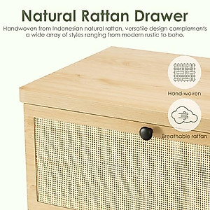 Modern Rattan 4 Drawer Dresser for Bedroom, Industrial Wood Tall Chest of Dressers with Handmade Natural Rattan Drawers, Storage Tower with Sturdy Steel Legs for Closet Living Room