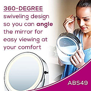 5x Magnifying Double-Sided Cosmetic Vanity Makeup Mirror Illuminated LED Lights, 360° Degree Swivel Rotation, On/Off Button, Chrome Finish, Cordless, Batteries Included, ABS49