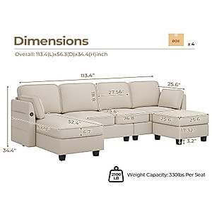 Hasuit 113'' Sectional Sofa with Storage Seats, U Shaped Convertible Sofa Couch with Large Reversible Chaise, Comfy Chenille Sofa with USB Port, Modular Sectional Sofa Couches for Living Room, Beige