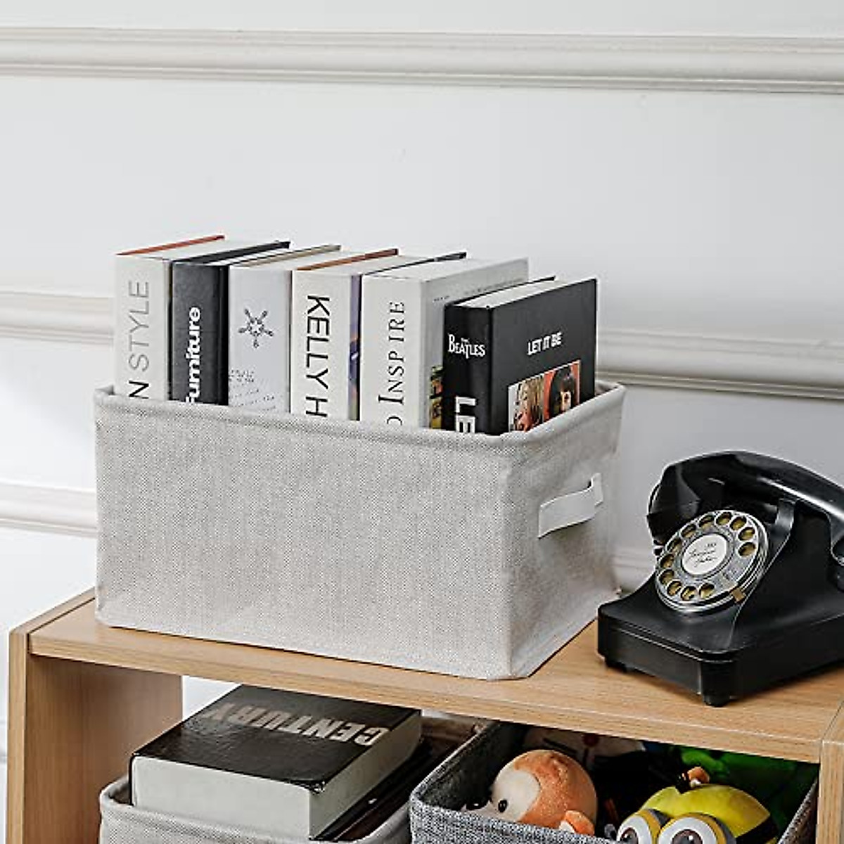 Jelier Fabric Collapsible Shelf Storage Basket,Multipurpose Linen Bin Organizer for Toys,Toiletries,Office Supplies,DVDs,Books,Clothes,Paper Rolls (L, beige)