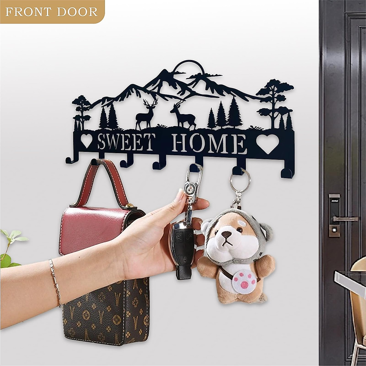 FengPingZi, Key Holder Wall Mount, 2 Pack Metal Black Key Hanger for Wall Decor with 7 Hooks and Brown Organiser Rack for Wall with 4 Hooks for Living Room, Entryway, Bathroom, Kitchen