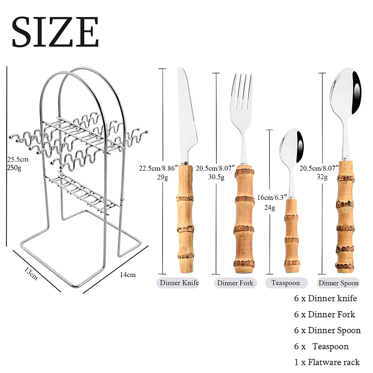 Snplowum 24-Piece Bamboo Flatware Set, Silver Stainless Steel Tableware Set With Cutlery Holder, Kitchen Utensils For Home And Restaurant Daily Use, Mirror Polish, Service For 6