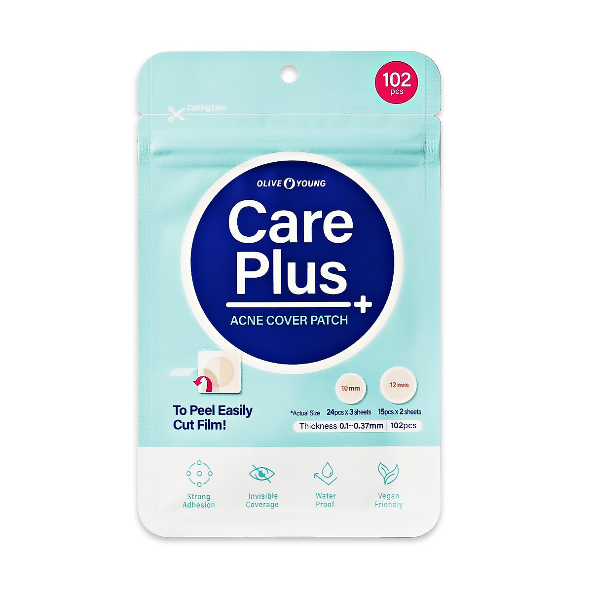 OLIVE YOUNG Care Plus Spot Patch 1 Pack | Hydrocolloid Acne Korean Spot Patch to Cover Zits, Pimples and Blemishes, for Troubled Skin and Face (102 Count - 10mm*72ea + 12mm*30ea)