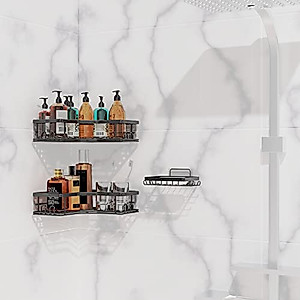 BOROY 3 Pack Corner Shower Caddy, No Drilling Strong Adhesive Shower Organizer Shelf with Hooks, Waterproof, Rustproof Wall-mounted Stainless Steel Shelves for Bathroom Organization, Black