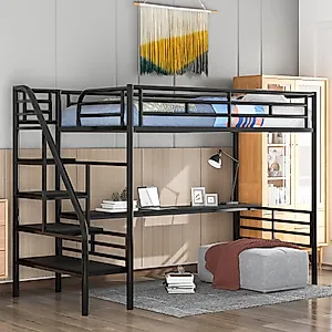 Metal Loft Bed Frame for Boys Girls Kids Adults Toddler with Desk, No Box Spring Needed,Twin,Black