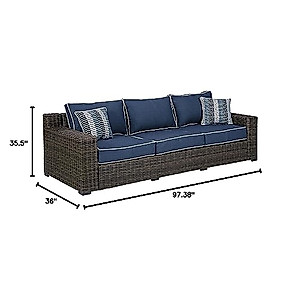 Signature Design by Ashley Grasson Lane Outdoor Patio Wicker Sofa with Cushion and 2 Pillows, Brown & Blue