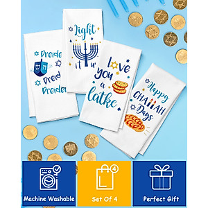 Vansolinne Hanukkah Kitchen Towels Chanukah Dish Towels Decorative Waffle Tea Towels Set of 4 - Fun Hostess Kitchen Decor Hanukkah Decorations, Housewarming Presents