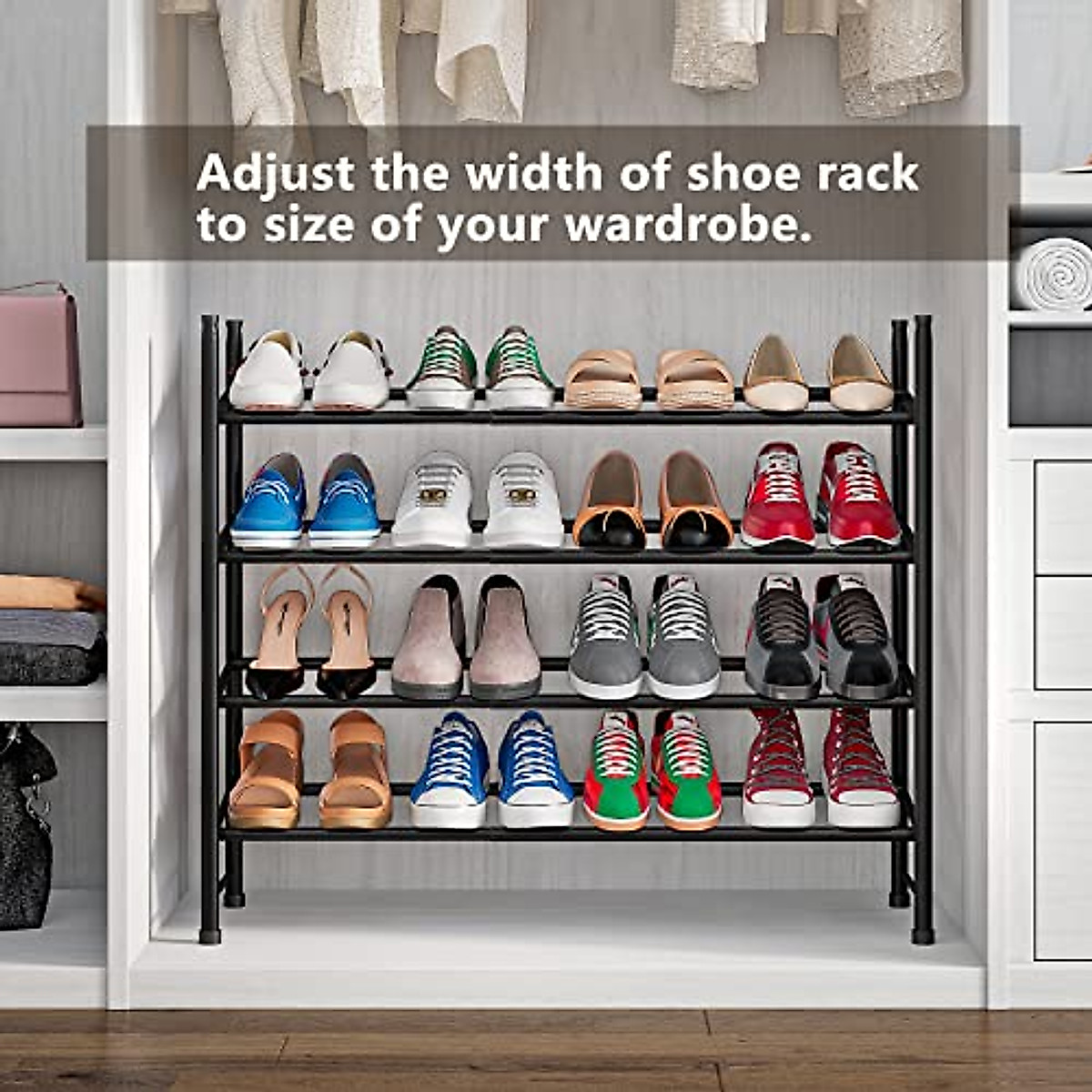 YIZAIJIA Shoe Rack Storage Organizer 4 Tier Expandable Metal Adjustable Shoe Shelf Free Standing Shoe Rack for Entryway Closet Doorway,Black