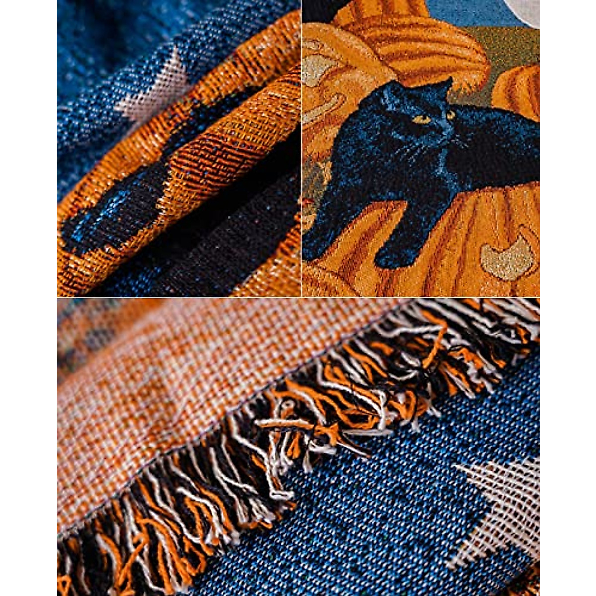 CUEERBOT Throw Blanket for Couch，Indie Room Decor Black Cat and Halloween Pumpkin Cotton Blanket (Orange, Large 63X87 Inches)