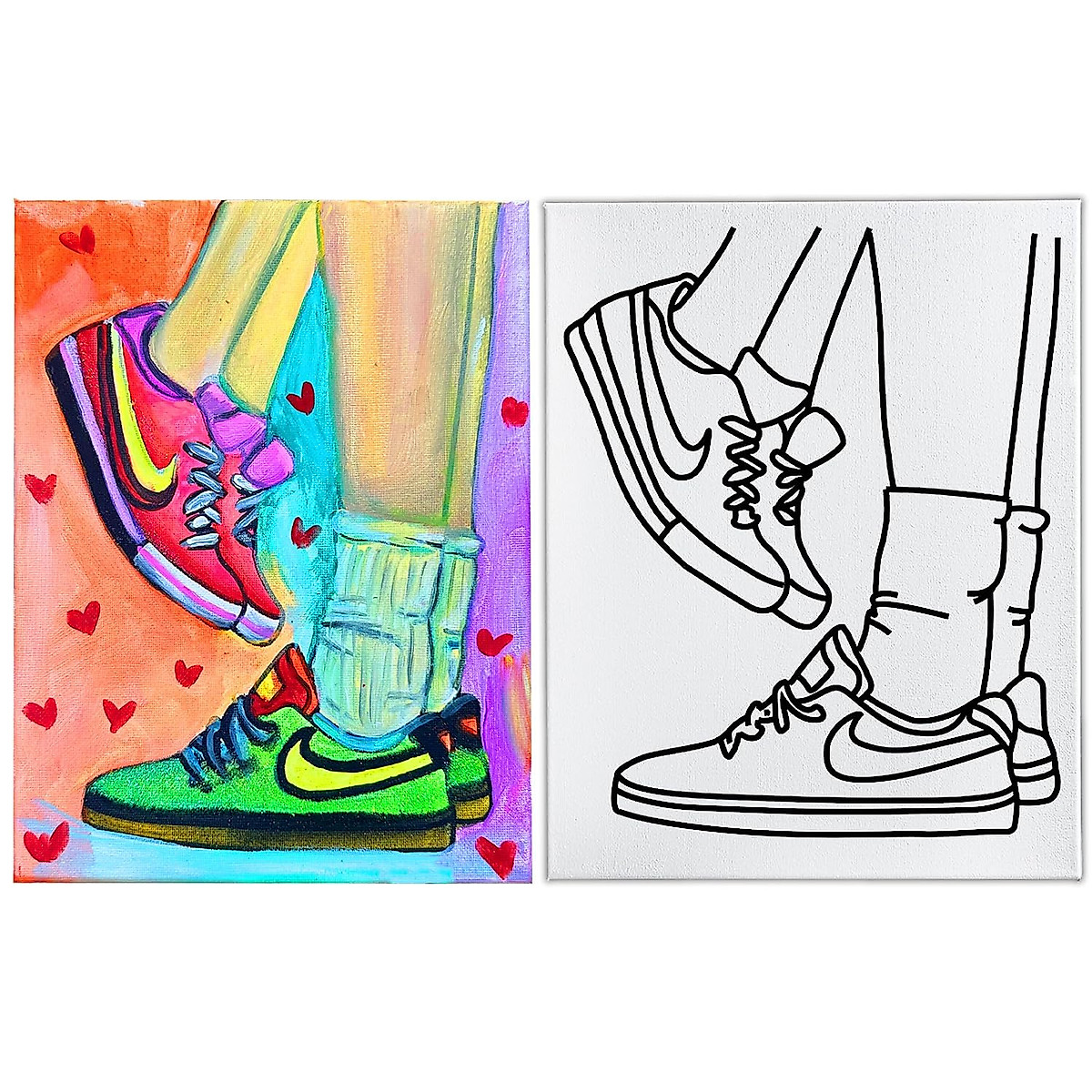 INDIGO ART STUDIO 8" by 10" Pre Drawn Canvas Sneakers #5 Acrylic Painting Art Activity 12 Premium Colors 2 Paint Brushes Smock Kids & Adult Sip and Paint Party Favor Party Suplies
