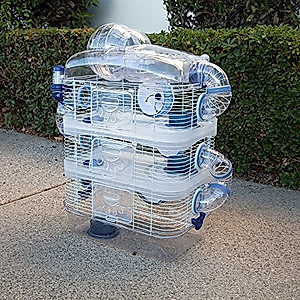 Acrylic Clear 3-Floor Levels Habitat Hamster Home Rodent Gerbil Mouse Mice Cage with Large 6" Diameter Running Ball On Top (Blue)