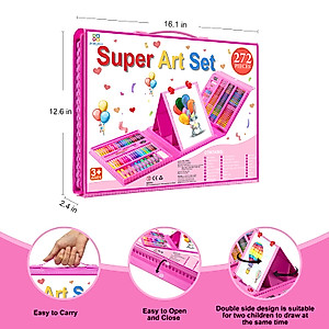 Art Supplies, 272 Pack Art Set Drawing Kit for Girls Boys Teens Artist, Deluxe Gift Art Box with Trifold Easel, Origami Paper, Coloring Book, Drawing Pad, Pastels, Crayons, Pencils, Watercolors(Pink)