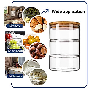Holloance Airtight Glass Canister(3x15oz) with Bamboo Lid. Clear Food Storage Jar circular. Stackable Kitchen Storage Container for Coffee Beans, Nuts, Candy, Pasta, Sugar, Cookie, Flour, Fruit.