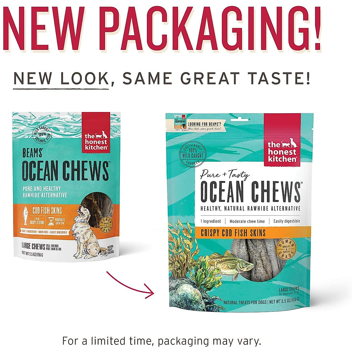 The Honest Kitchen 3 Pack of Crispy Cod Fish Skins Ocean Chews Single-Ingredient Dog Treats, 5.5 Ounces Each