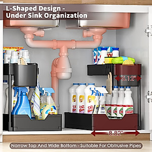 WAKISA Under Sink Organizers 2 Pack, Bathroom Organizers Under Cabinet Storage, 2 Tier Counter Storage with Drawer/Hooks/Cups, L Shape Large Capacity Organization and Storage for Home Kitchen Bathroom