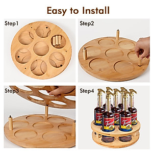 Actororp Rotating Coffee Syrup Organizer, 7 Bottles Coffee Syrup Rack, Wooden Countertop Syrup Bottle Rack for Coffee Bar Station, Carousel Wine Display Tray