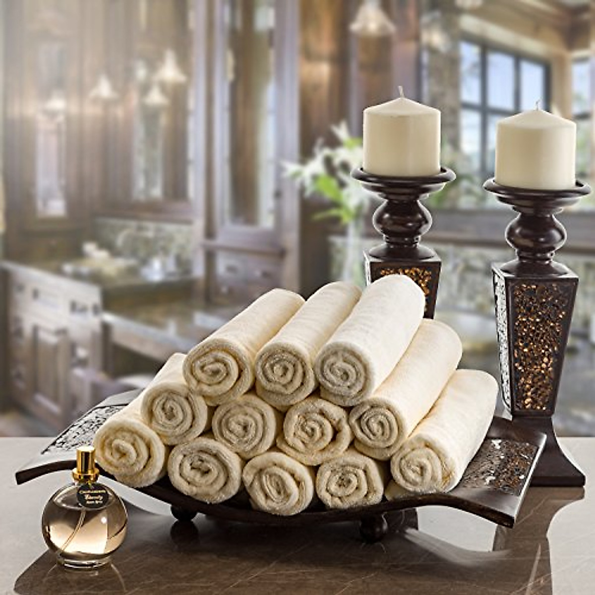 Creative Scents Cotton Fingertip Towels Set - 4 Pack - 11 x 18 Inches Decorative Extra-Absorbent and Soft Terry Towel for Bathroom - Powder Room, Guest and Housewarming Gift (Cream and Brown)