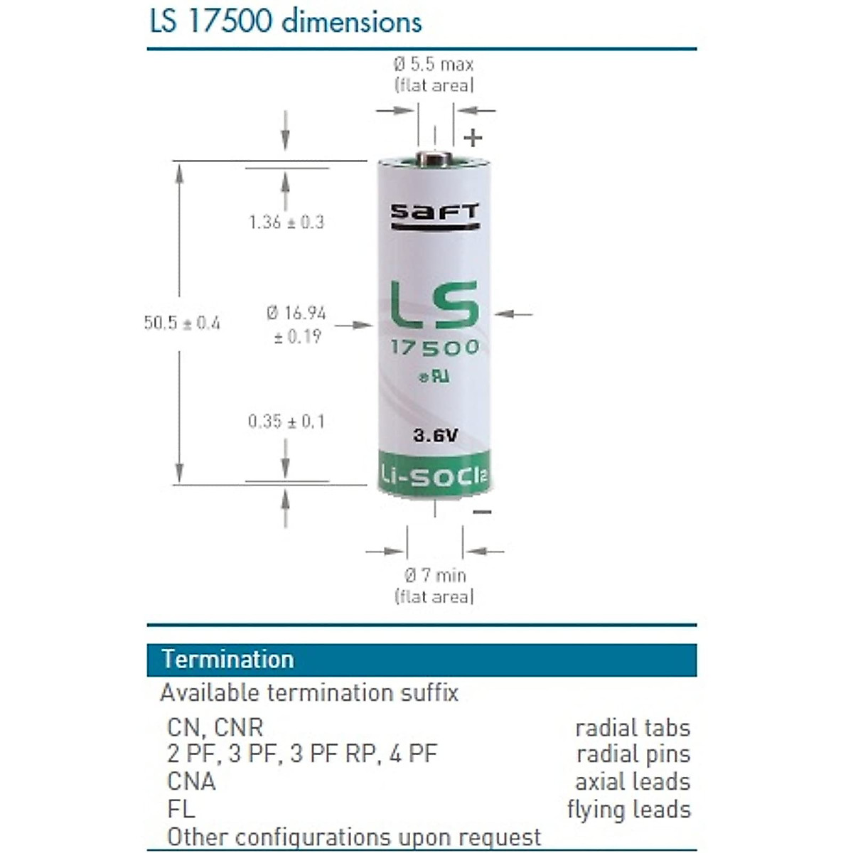 SAFT LS17500 A STD 3.6V Lithium Thionyl Chloride Battery