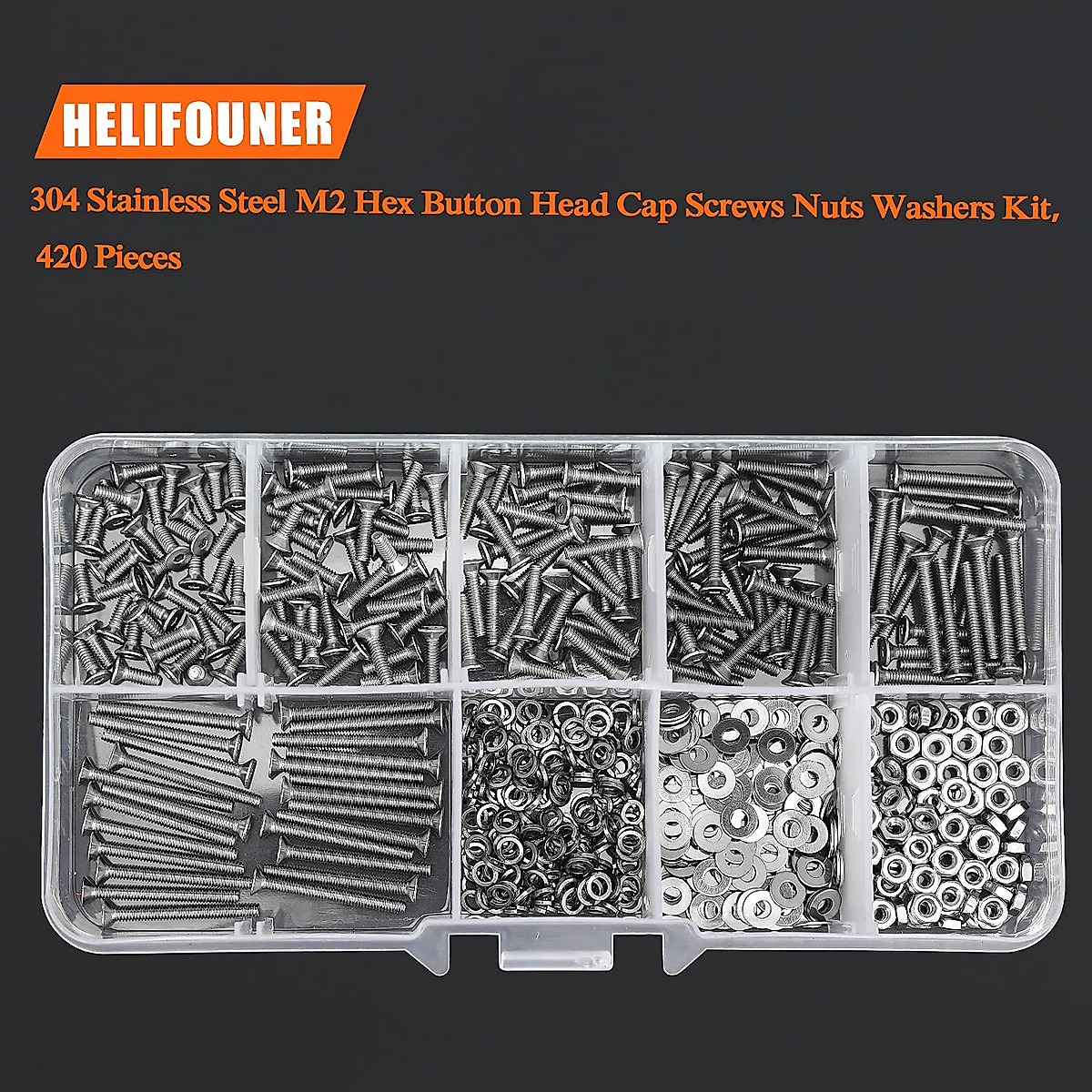 HELIFOUNER 420 Pieces M2 x 6mm /8mm /10mm /12mm /16mm /20mm, 304 Stainless Steel M2 Countersunk Socket Cap Screws Nuts Washers Kit