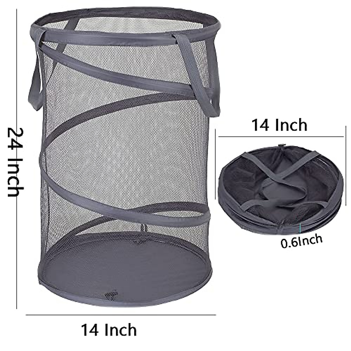 Qtopun Mesh Popup Laundry Hamper, Foldable Portable Cylindrical Dirty Clothes Basket for Bedroom, Kids Room, College Dormitory and Travel — Grey