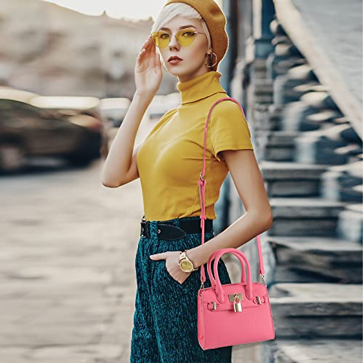 STAISE Vegan Leather Satchel Purse for Women, Trendy Mini Crossbody Shoulder Bag, Small Top Handle Handbag Evening Clutches (Hot Pink)