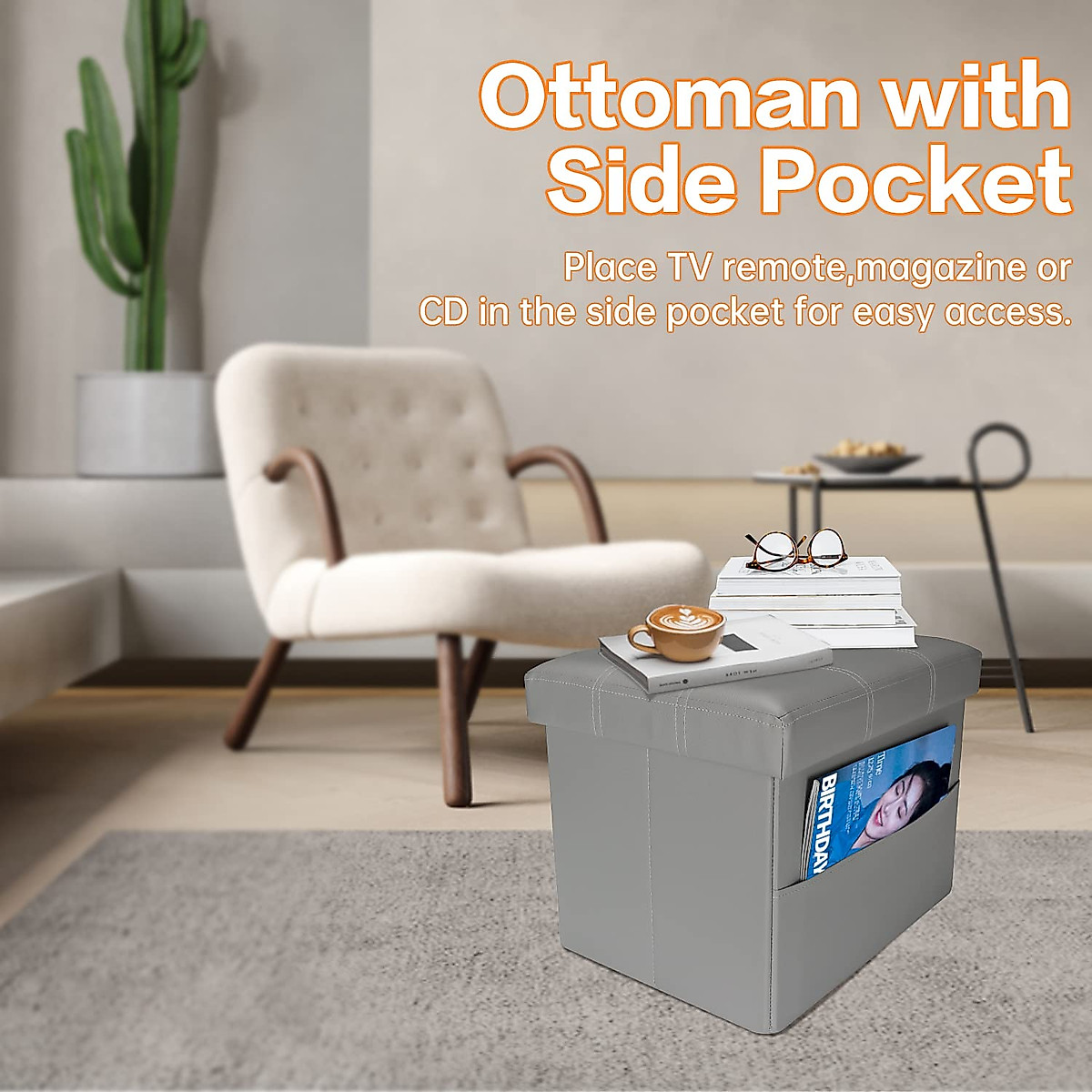 FujDun® Folding Storage Ottoman Foot Rest Footstool with Side Pocket,17 Inch Leather Ottoman Seat for Living Room Bedroom or Dorm,Padded with Thick Sponge,17X13X13in Grey