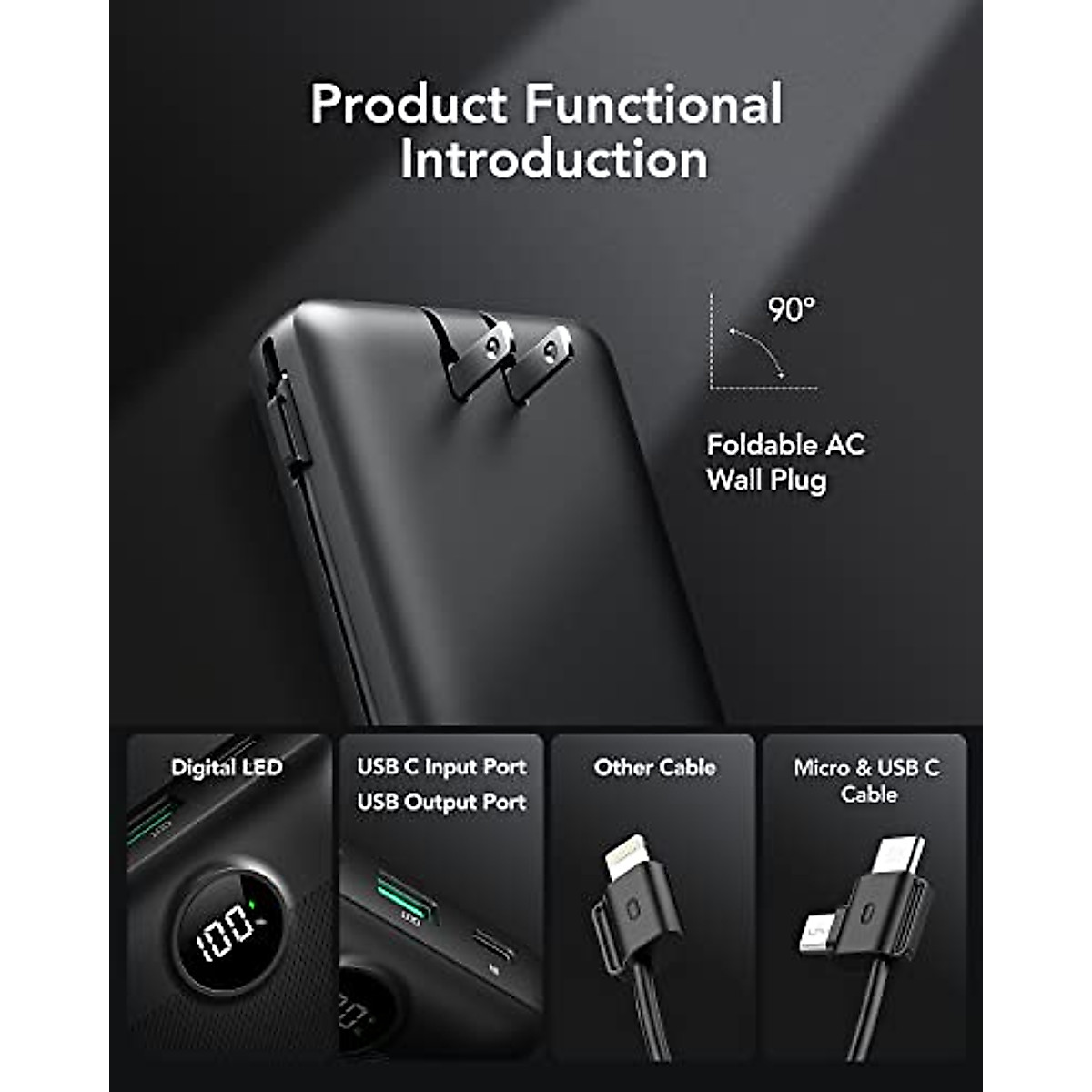 Portable Power Bank 20000mAh,VRURC 22.5W USB Port Fast Charging Portable Charger,Built-in AC Wall Plug, Micro&USB C Cables,4 Output Dual Input LED Display Integrated External Battery For Smart Devices
