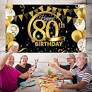 Birthday Party Decoration Extra Large Fabric Black Gold Sign Poster for Anniversary Photo Booth Backdrop Background Banner, Birthday Party Supplies, 72.8 x 43.3 Inch (80th)