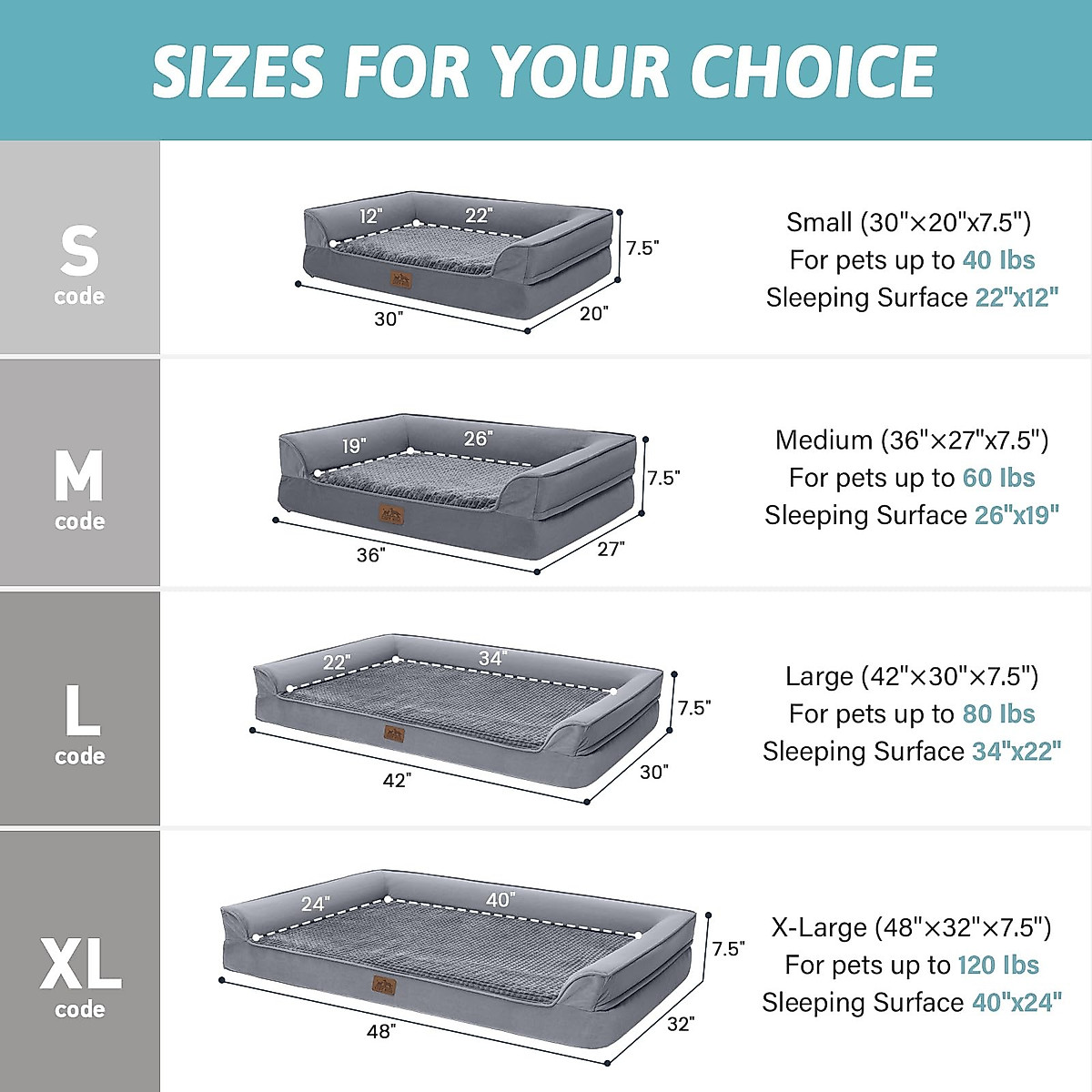 Orthopedic Dog Bed for Large Dogs,Washable Dog Sofa Beds Large, Supportive Foam Pet Couch Bed with Removable Washable Cover, Waterproof Lining and Nonskid Bottom,Grey(L,42" L x 30" W x 7.5" Th)