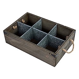 MyGift Rustic Solid Wood Multipurpose Decorative Caddy with 6 Metal Partition Divided Slots and Rope Handles, Vintage Style Wine Bottle Crate Storage Box