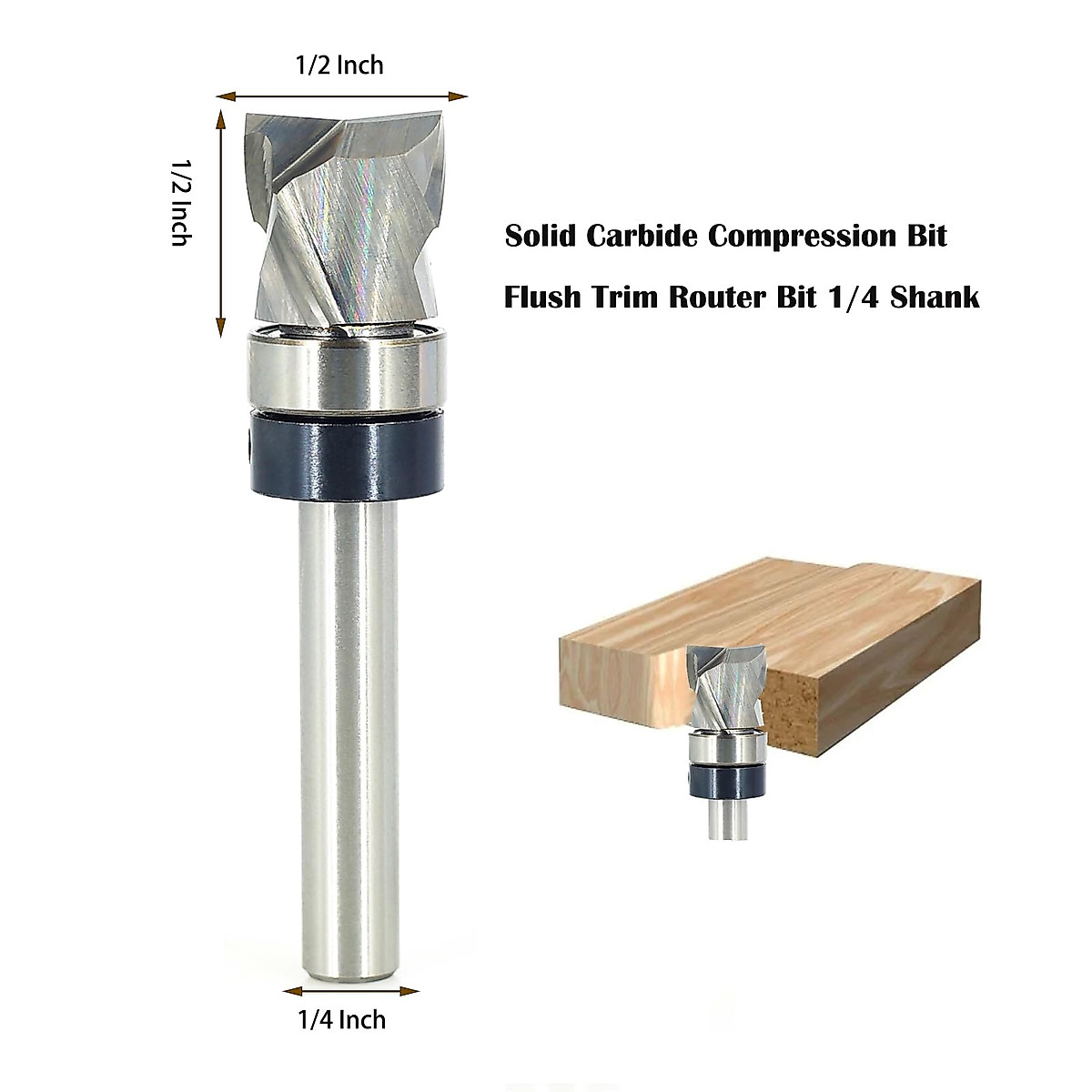 SICWOOD Solid Carbide Compression Flush Trim Router Bit 1/4 Shank, 2+2 Flute, 1/2" Diameter, 1/2" Cutting Length, Pattern and Mortising Trim Router Bit, Template Top Bearing Router Bit