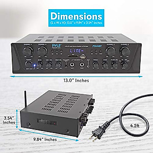Pyle 500W Karaoke Wireless Bluetooth Amplifier - 4 Channel Stereo Audio Home Theater Speaker Sound Power Receiver with AUX IN, FM, RCA Subwoofer Speakers OUT, USB, Microphone IN with Echo - PTA44BT