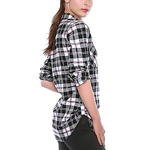 Match Womens Button Down Flannel Plaid Shirts roll up Long Sleeve Shackets Business Blouse Top (Large, Checks#5)