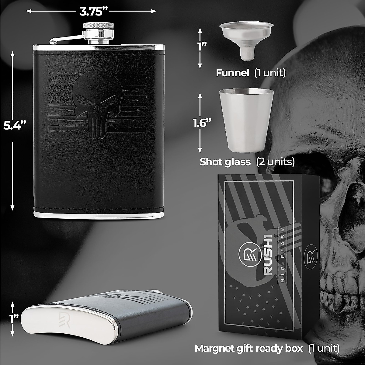 Rush1 8oz Leather Flask for Men – Custom American Flag Skull Design – Wrap Stainless Steel Set with Funnel and 2 Shot Glasses – Ideal for Whiskey or any Liquor.