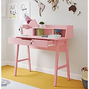 Roma Writing Desk - Elegant Wood Study Desk With Storage, Cable Holes & Drawers - Work Table for Home, Office, Dorm, Small Spaces - Compact Black Desk, 40x19x36.9” (pink)
