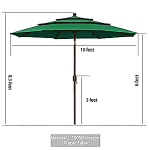 Aoodor Patio Umbrella 10 ft Dining Table Outdoor Market Umbrella 3 Tier - Green