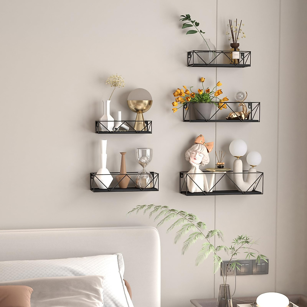 CRUGLA Black Floating Shelves Wall Mounted Set of 5, Hanging Storage Wall Shelf for Bathroom, Bedroom, Living Room, Kitchen