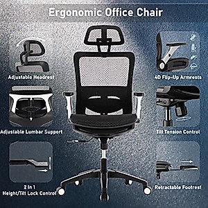 Ergonomic Mesh Office Chair with Footrest, High Back Computer Executive Desk Chair with Headrest and 4D Flip-up Armrests, Adjustable Tilt Lock and Lumbar Support-Black