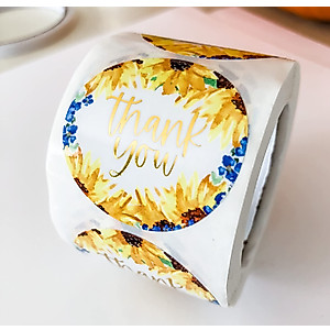 Mailed It 1.5 Inch Sunflower Gold Thank You© Stickers - 250 Per Roll - Pretty Packaging Supplies
