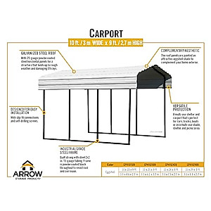 Arrow Carports Galvanized Steel Carport, Compact Car Metal Carport Kit, 10' x 24' x 9', Eggshell