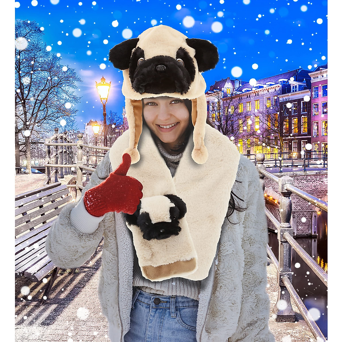 DolliBu Pug Dog Plush Hat and Scarf Set – Super Soft Pug Dog Stuffed Animal on Hat and Scarf, Cozy Winter and Snow Accessories for Kids and Adults–One Size