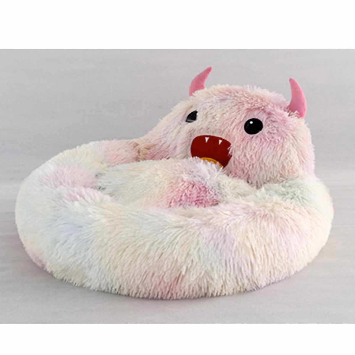 Pearlead Pet Bed Soft Donut Cuddler Nest Warm Plush Dog Cat Cushion Bed Durable Round Monster Shaped Pet Bed for Dogs & Cats Anti-Slip Soft Shaggy Warm for Winter Rainbow M-Diameter 23.62 "