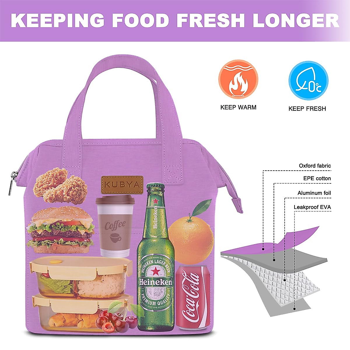 KUBYA Lunch Bag Simple Lunch Box for Women Men Insulated Lunch Bag & 1 Storage bag Simple Reusable Lunch Tote Bag for Work, Picnic Beach or Travel (Purple) LBMHS-04